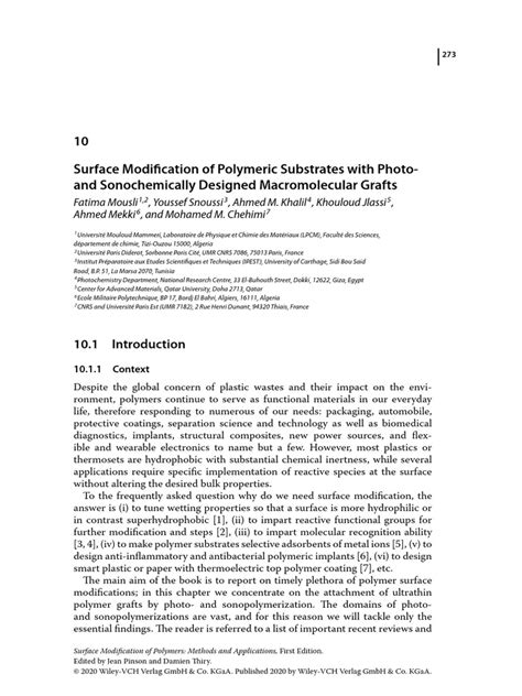 2020 Surface Modification Of Polymeric Substrates With Photoand Sonochemically Designed