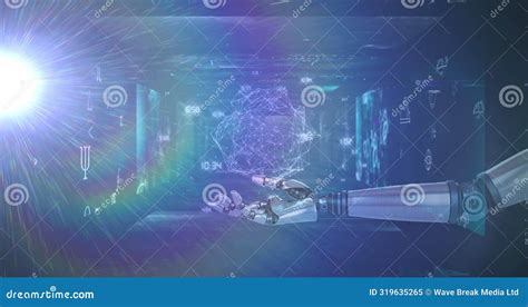 Robot Arm Manipulating Complex Holographic Data In Futuristic Lab Stock Image Cartoondealer