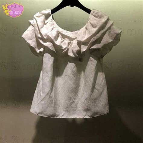 韓國東大門新款夏季時尚純色荷葉邊短袖襯衫女休閑別致小上衣上衣短t打底衫一字領t雪紡襯衫蕾絲 Yahoo奇摩拍賣