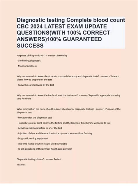 Diagnostic Testing Complete Blood Count CBC 2024 LATEST EXAM UPDATE QUESTIONS WITH 100 CORRECT