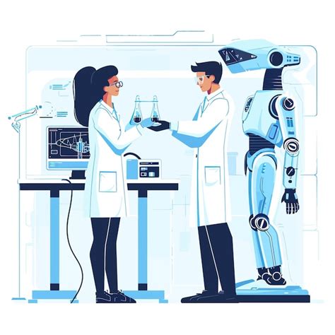 Robot Twoscientistsinlabcoatsstandingdeveloping Vecteur Premium