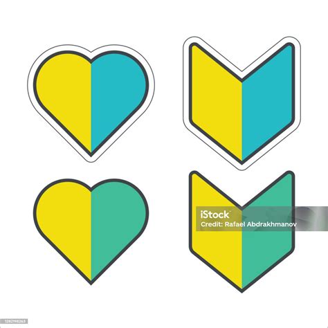 초보자 새로운 드라이버를위한 일본어 기호 쇼신샤 마크라고 불리는 노란색 파란색과 녹색 방패 기호 시작에 대한 스톡 벡터 아트 및 기타 이미지 Istock