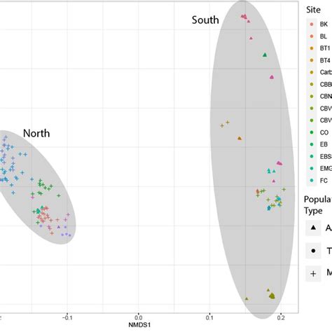 nonmetric multidimensional scaling nmds plot of 155 individual m