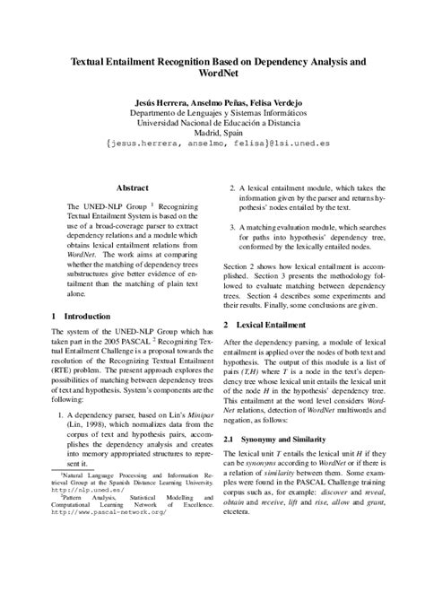 pdf textual entailment recognition based on dependency analysis and wordnet herrera de la