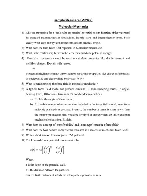 Sample Questions Pdf Force Field Chemistry Molecular Orbital