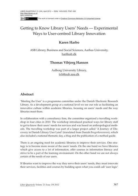 Pdf Getting To Know Library Users Needs — Experimental Ways To User