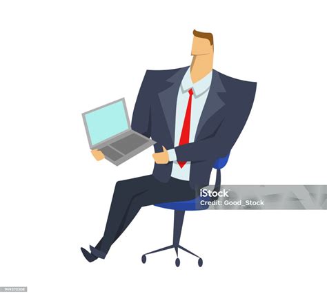 노트북을 들고의 자에 오피스 슈트에서 사업가 프레 젠 테이 션 및 데모 비즈니스 아이디어입니다 계획 전략입니다 개념 평면 벡터 일러스트 흰색 배경에 고립 개념에 대한 스톡