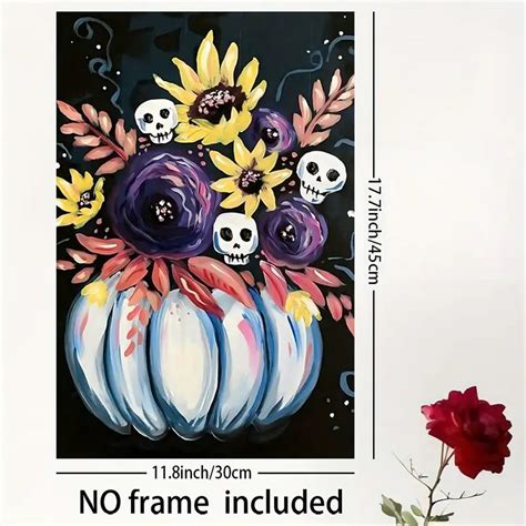 데이 오브 더 데드 스컬과 꽃 캔버스 프린트 프레임 없는 민속 미술 포스터 집 거실 침실 사무실 벽 장식 축제 선물 캔버스 아트 118x177 인치