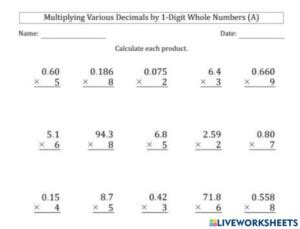 Multiplying Decimal Numbers By Whole Numbers Interactive Worksheet Decimalworksheets Net