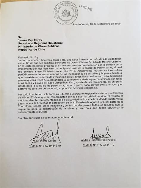 Carta Dirigida Al Ministro De Obras Publicas 10 De Septiembre De 2019