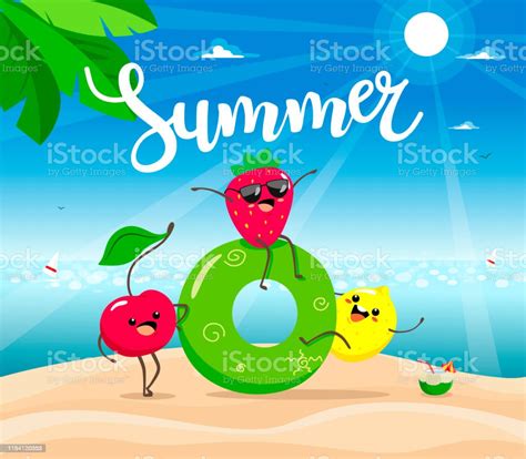 벡터 딸기 체리와 레몬 캐릭터와 여름 포스터 디자인입니다 벡터 일러스트입니다 과일에 대한 스톡 벡터 아트 및 기타 이미지 과일 구름 귀여운 Istock