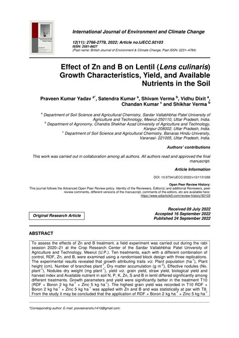 Pdf Effect Of Zn And B On Lentil Lens Culinaris Growth