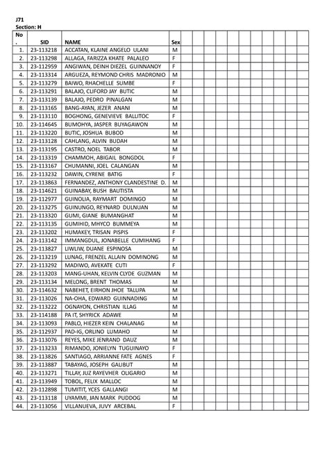 New Microsoft Word Document J Section H No SID NAME Sex ACCATAN KLAINE ANGELO