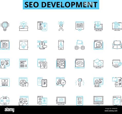 seo development linear icons set optimization ranking analysis strategy content keywords