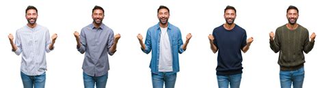 축 하 하는 흰색 절연된 Backgroud 이상 보이는 캐주얼을 입고 젊은 남자의 콜라주 놀라게 무기 제기와 성공을 위한 깜짝 놀라게 고 눈을 엽니다 우승자 개념입니다