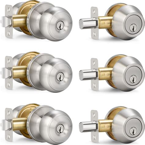3 Sets Entry Door Knob And Single Cylinder Deadbolt Combo Set Keyed Alike Round Ball Satin