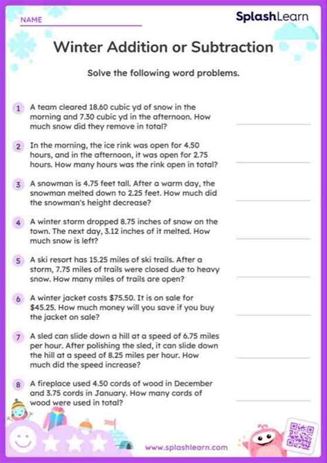 Add Or Subtract Decimal Numbers With Upto 2 Decimal Place Winter Word Problems — Printable Math