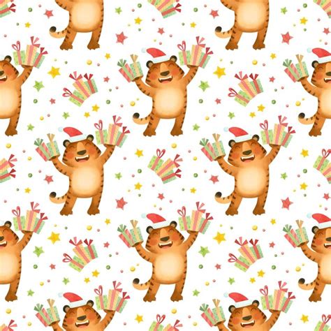 2022년 새해의 상징 선물이 있는 크리스마스 모자에 원활한 패턴 호랑이 프리미엄 벡터