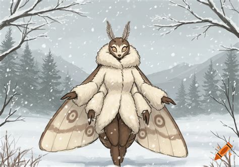 A Moth Humanoid Wearing A Fluffy White Fur Coat Stands In A Snowy