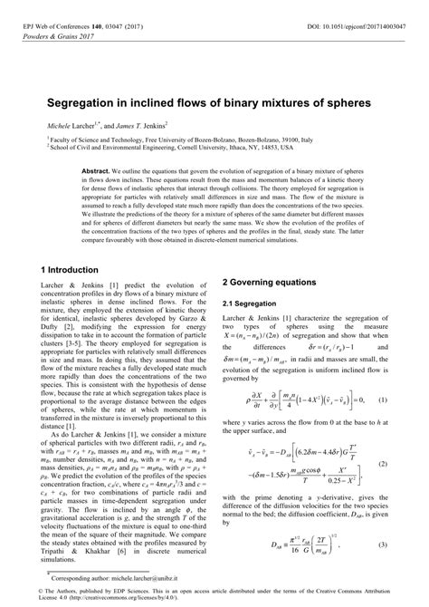 Pdf Segregation In Inclined Flows Of Binary Mixtures Of Spheres