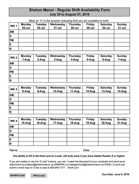 Fillable Online Shalom Manor Regular Shift Availability Form Fax