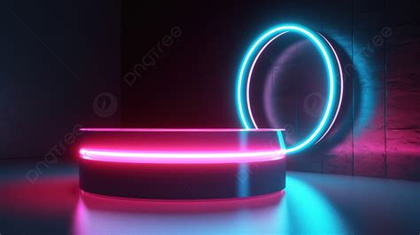 깨끗한 흰색 받침대에 네온 원을 비추는 텍스트를 위한 공간 3d 렌더링된 정물 네온 링 빛나는 원 디지털 서클 배경 일러스트 및 사진 무료 다운로드 Pngtree