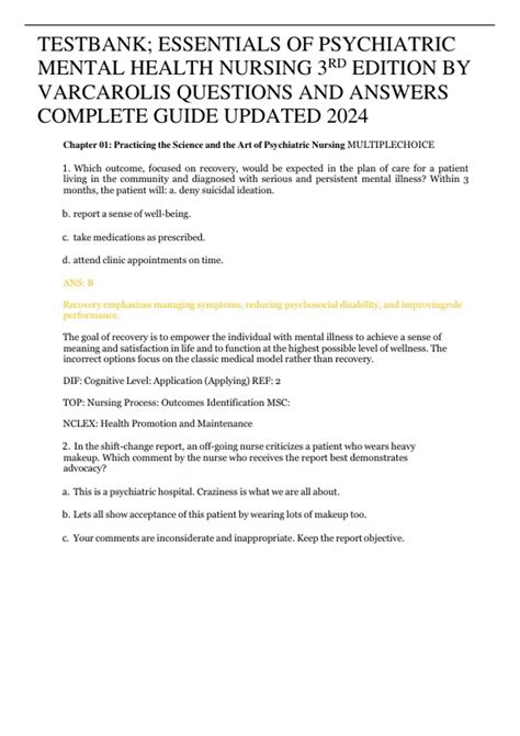 Testbank Essentials Of Psychiatric Mental Health Nursing 3rd Edition By Varcarolis Questions