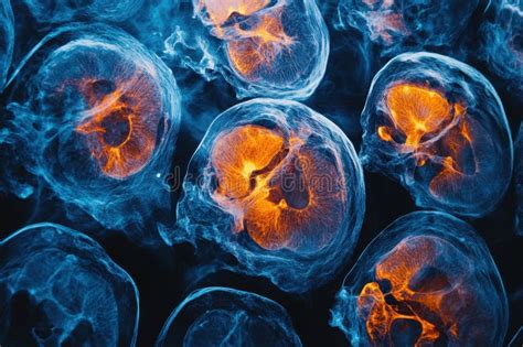 Intricate Glowing Microorganisms Under A Microscope In A Dark Laboratory Setting At Night Stock