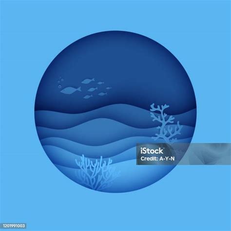 종이 컷 스타일로 잠수함의 현관을 통해 수중 세계의 보기 벡터 종이 컷 파도 둥근 프레임에 열대 해양 생물 수중 바다 다이빙