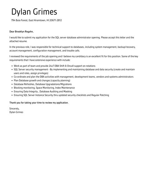 Sql Server Database Administrator Cover Letter Velvet Jobs