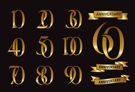기념일 로고 타입과 골드 리본 세트 소책자 전단지 잡지 브로셔 포스터 웹 초대장 또는 인사말 카드를위한 황금 기념일 축하 엠블럼 디자인 벡터 그림입니다 벡터 로고에 대한