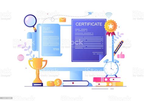 라이센스 배지 디플로마 및 웹사이트 포스터 또는 브로셔 배경 벡터 일러스트레이션의 메달이 있는 인증서 문서 아이콘 감탄에 대한 스톡 벡터 아트 및 기타 이미지 Istock