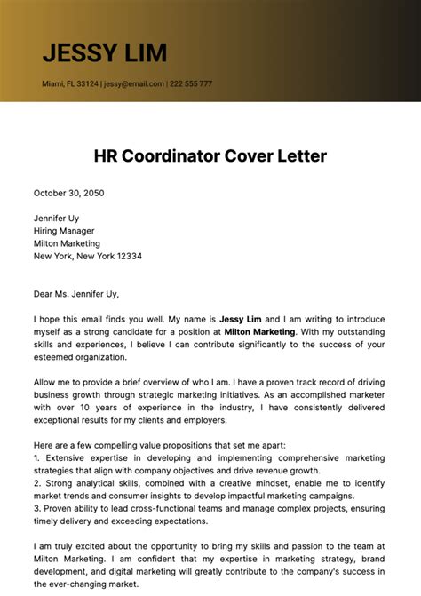 Hr Coordinator Cover Letter Template Edit Online And Download Example