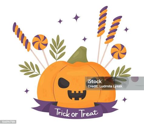 할로윈 카드 트릭 오어 트릿 사탕 롤리팝 과자를 곁들인 귀여운 잭 호박 아이들 컬렉션 휴일 디자인 엽서를 위한 만화 스타일의 벡터 그림 만화에 대한 스톡 벡터 아트 및 기타