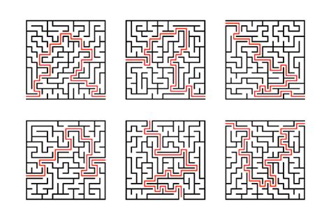 사각형 미로의 집합입니다 아이들을위한 게임 아이들을위한 퍼즐 미로 수수께끼 흰색 배경에 격리된 플랫 벡터 그림입니다 대답과 함께