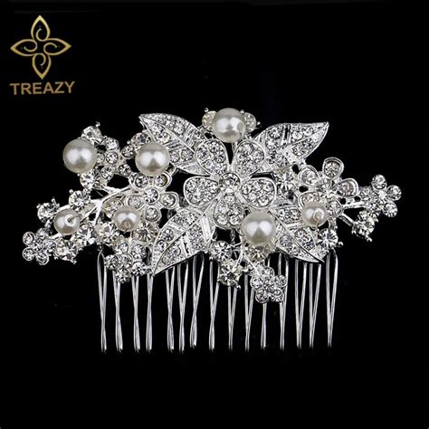 Treazy 우아한 진주 크리스탈 웨딩 헤어 빗 여성용 실버 컬러 꽃 헤어핀 헤드 피스 신부 헤어 쥬얼리 액세서리hair