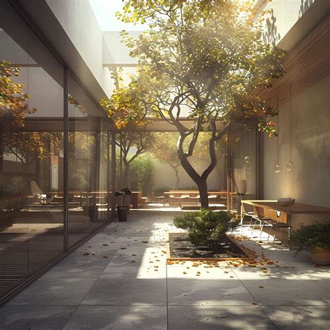 Modern Courtyard Oasis With Autumn Tree And Sunlit Seating Modern Courtyard Atrium House Courtyard