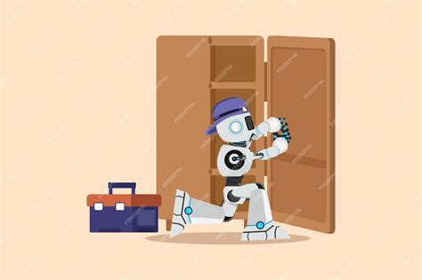 비즈니스 디자인 드로잉 로봇 메이커 또는 목재 가정용 가구의 건설 로봇 목수 선반이 있는 옷장 또는 캐비닛 조립 미래 기술 플랫