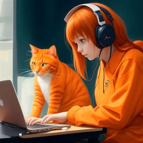 Premium Photo Photo A Realistic Girl With Headphone Coding On Her Laptop As Her Orange Cat