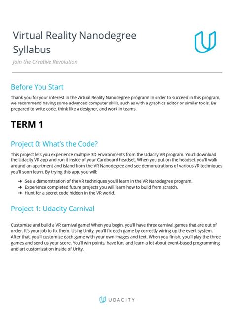 Virtual Reality Nanodegree Syllabus Term 1 Pdf Humancomputer Interaction Computing