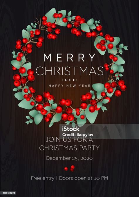 메리 크리스마스와 새해 복 야 포스터입니다 어두운 배경에 붉은 열매와 유칼립투스 잎화환 파티 초대 템플릿 벡터 그림 0명에 대한 스톡 벡터 아트 및 기타 이미지 Istock