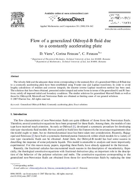 Pdf Flow Of A Generalized Oldroyd B Fluid Due To A Constantly Accelerating Plate