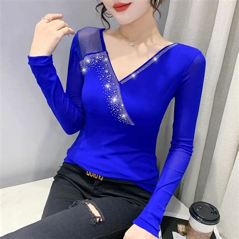여성용 블랙 블루 타이트 티셔츠 다이아몬드 스플라이싱 메쉬 기본 티셔츠 여성용 V넥 한국 스타일 캐주얼 티셔츠 M 3xl 5651티셔츠 Aliexpress