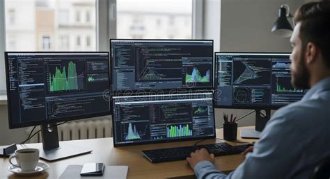 Developer At Work Multiple Monitors Data Analysis And Coding