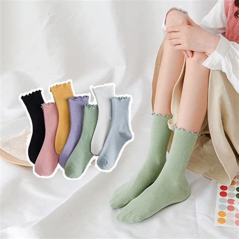 Tất cổ cao nữ bèo nhún vớ nhún nữ cổ cao màu trơn basic thời trang