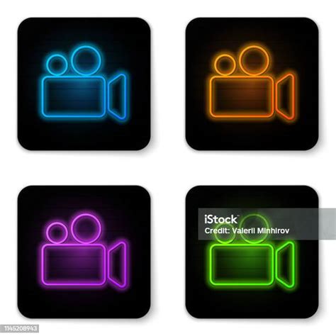 네온 영화 또는 비디오 카메라 아이콘 흰색 배경에 고립 빛나는 시네마 카메라 아이콘입니다 검은색 사각형 단추입니다 벡터 일러스트