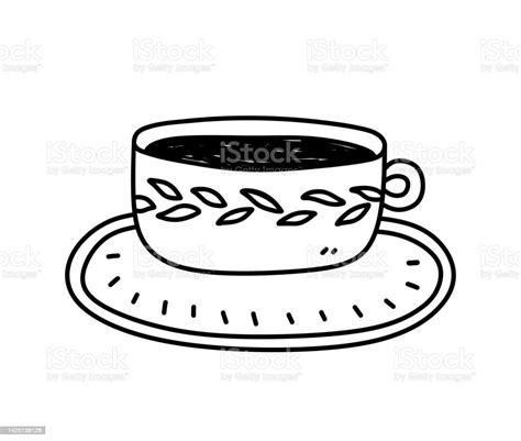 흰색 배경에 고립 된 접시에 차 또는 커피의 귀여운 컵 낙서 스타일의 벡터 손으로 그린 일러스트레이션 카드 메뉴 로고 장식에 적합합니다 0명에 대한 스톡 벡터 아트 및 기타
