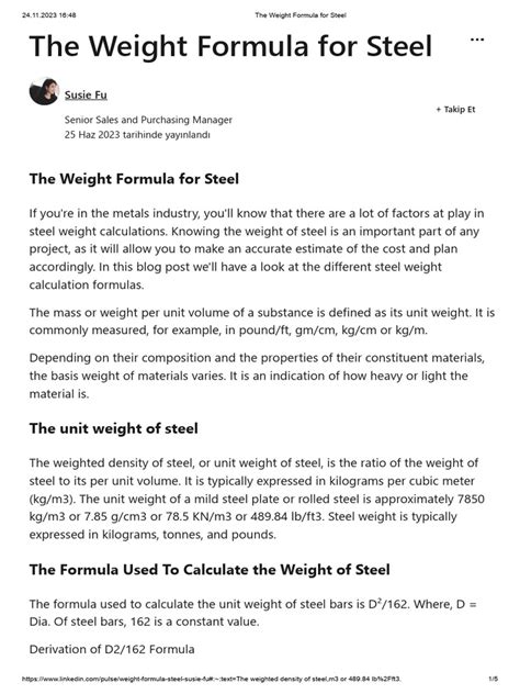 The Weight Formula For Steel Pdf Pound Mass Density