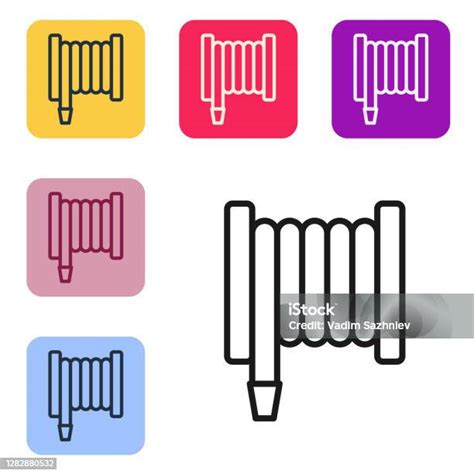 흰색 배경에 격리 된 검은 줄 화재 호스 릴 아이콘 색상 정사각형 단추로 아이콘을 설정합니다 벡터 일러스트레이션 가리키기에 대한