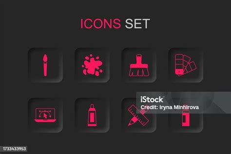 페인트 팔레트 페인트 스프레이 브러시 교차 자 및 연필 색상 가이드 마커 및 컴퓨터 디자인 프로그램 아이콘으로 튜브를 설정합니다 벡터 개념에 대한 스톡 벡터 아트 및 기타